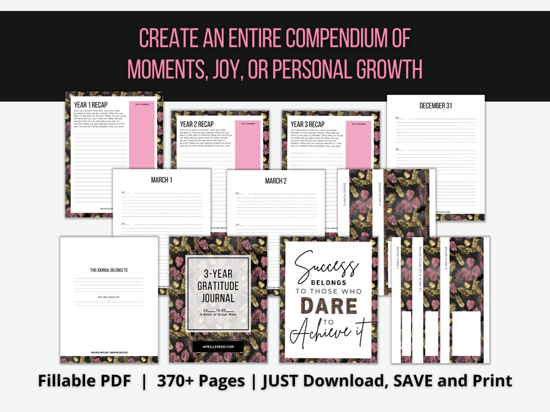 Pink & Gold 3 Year Gratitude Journal, Printable Evening Reflection ...