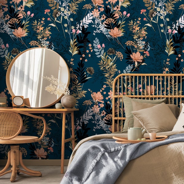 Blue Floral Wallpaper - Etsy