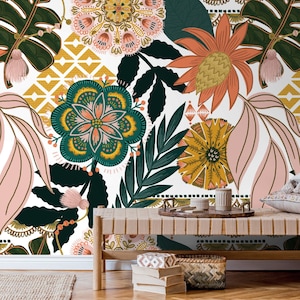 Boho Floral Mural Removable Tropical Bohemian Abstract - Etsy