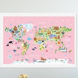 Kids World Map Poster Pink World Map Print Animal Nursery - Etsy
