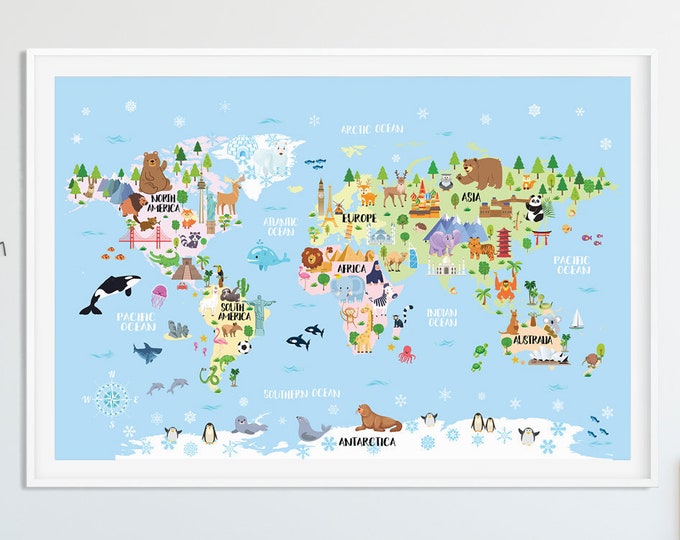 Kids World Map Wallpaper Animal Nursery World Map Wall Decal - Etsy