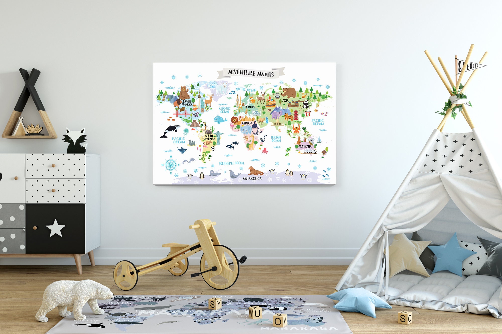 World Map Nursery Wall Decor Canvas Art for Kids Adventure | Etsy