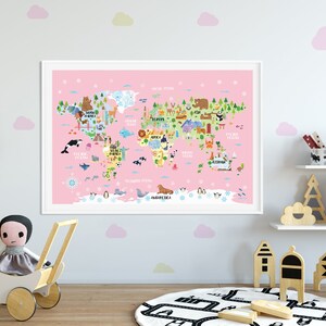 Kids World Map Poster Pink World Map Print Animal Nursery - Etsy