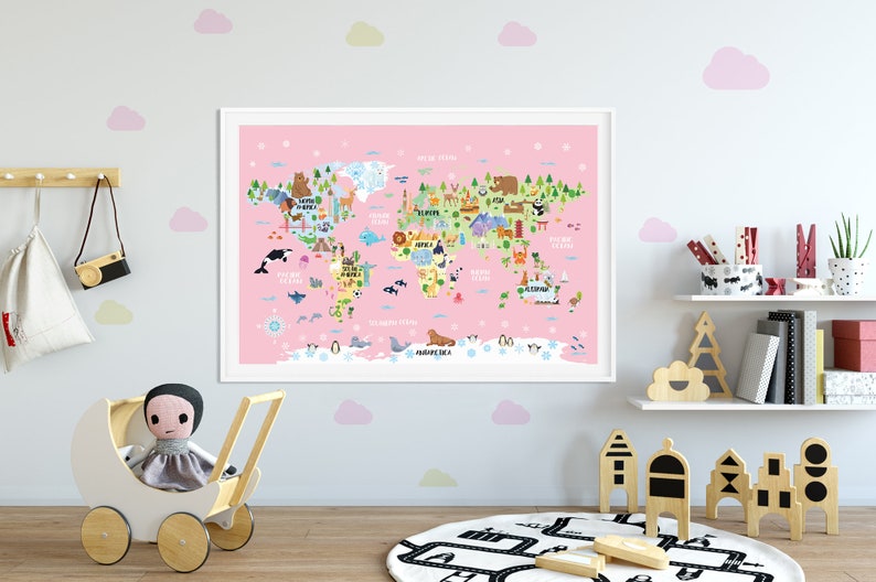 Kids World Map Poster Pink World Map Print Animal Nursery - Etsy