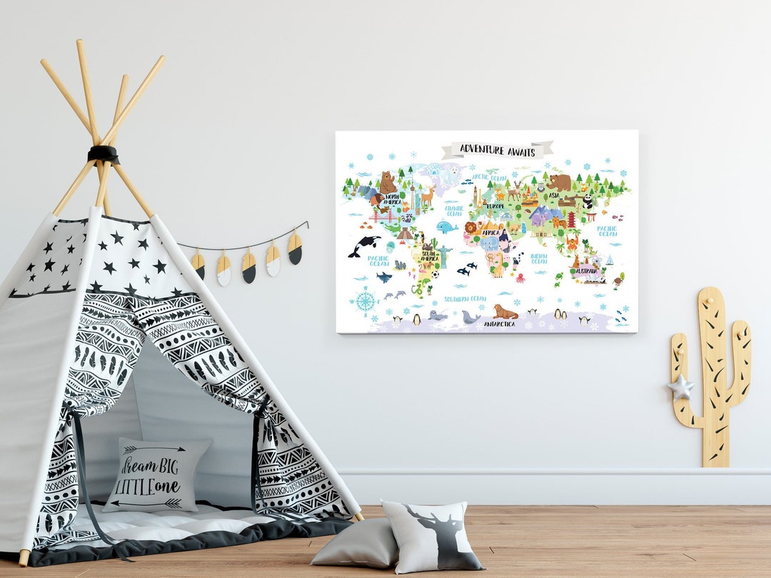 World Map Nursery Wall Decor Canvas Art for Kids Adventure Awaits ...