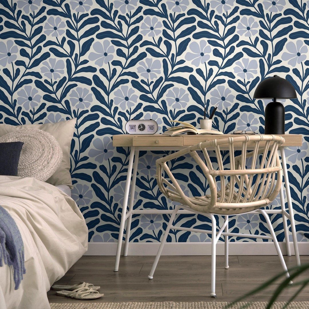 Blue Floral Removable Wallpaper Peel and Stick Flowers Wall Mural ...