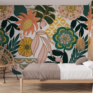 Boho Floral Mural Removable Tropical Bohemian Abstract - Etsy
