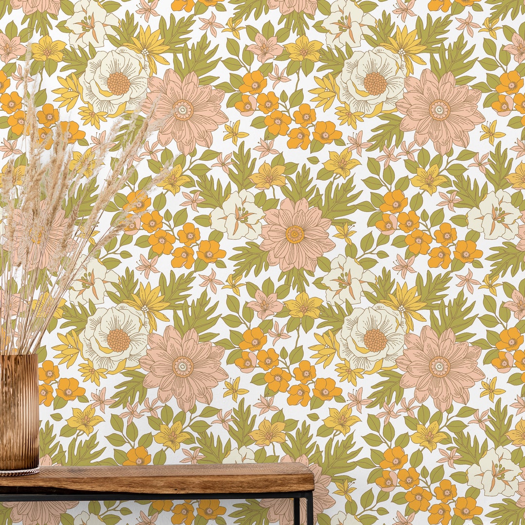 70s Floral Wallpaper Boho Retro Peel and Stick Orange Green Muted ...