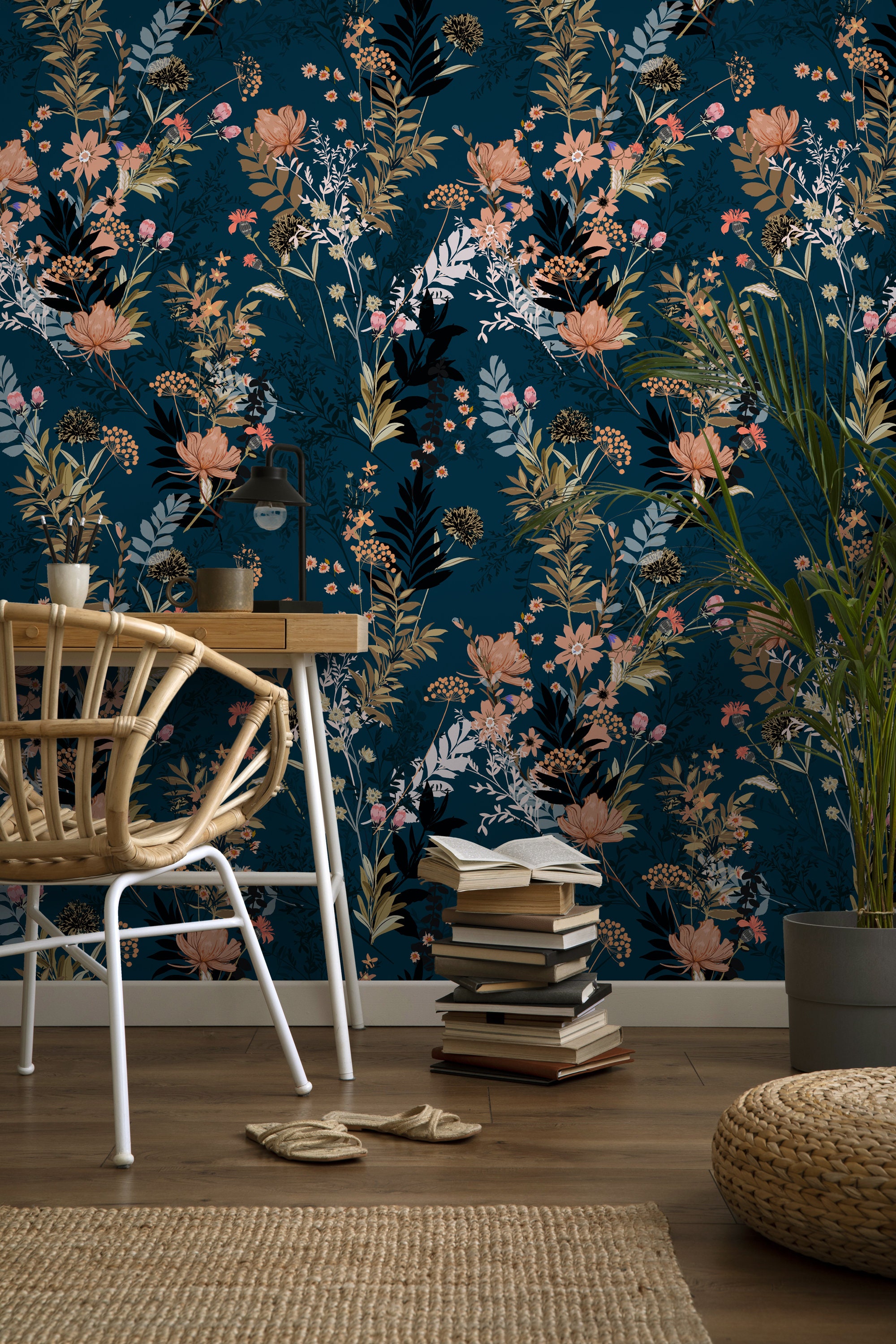 Dark Blue Floral Wallpaper Removable Peel and Stick Botanical - Etsy