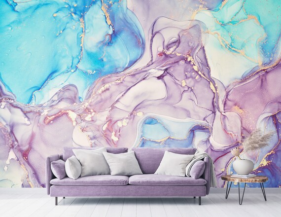 Marble Wallpaper Purple Pink and Blue Removable | Etsy