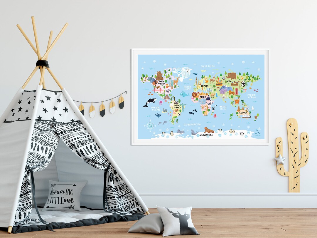 World Map Poster for Kids Playroom Wall Art Kids Room Decor Animal ...