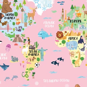 Kids World Map Poster Pink World Map Print Animal Nursery - Etsy