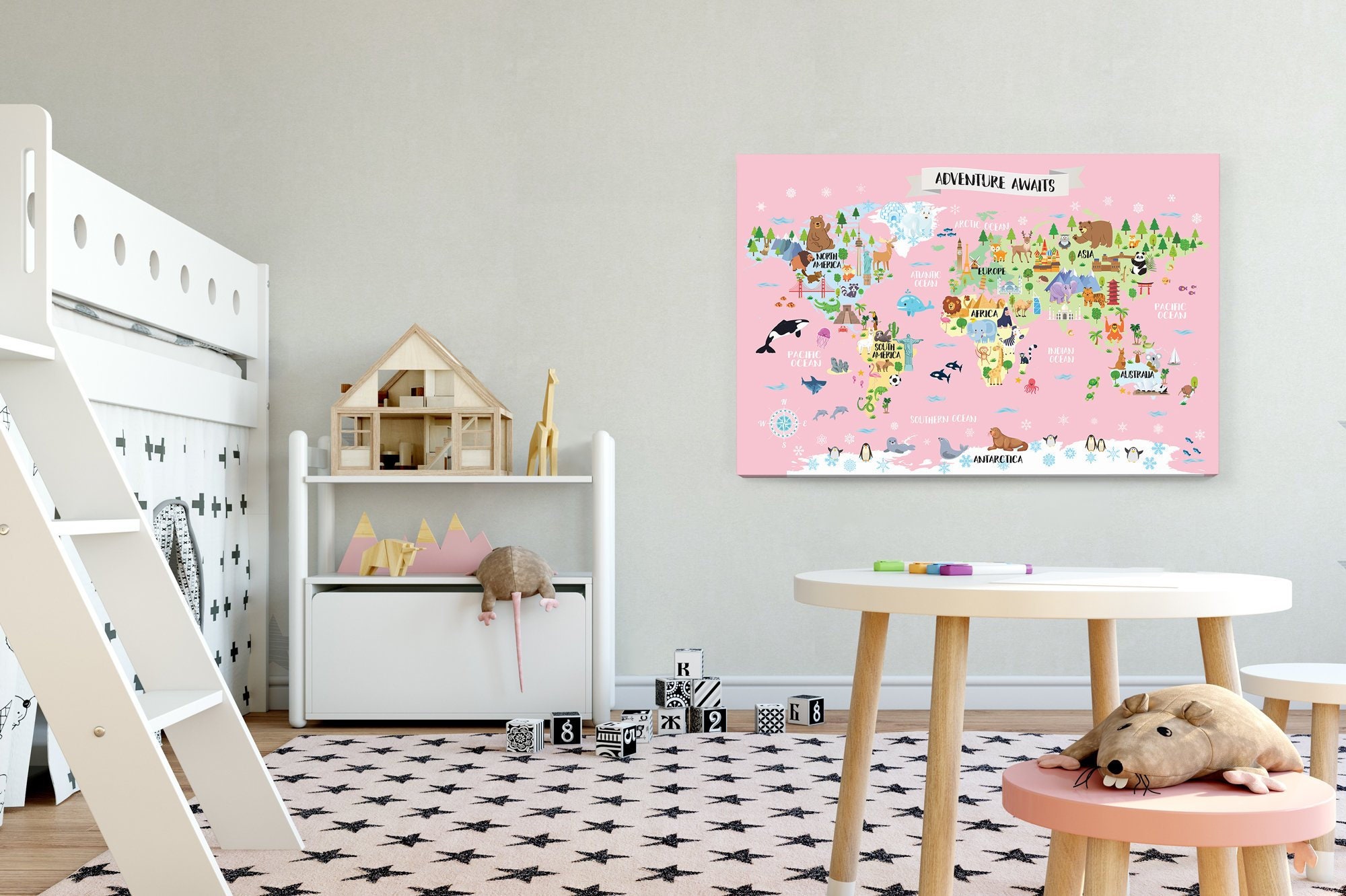 World map for kids Canvas art Girl nursery decor Adventure | Etsy