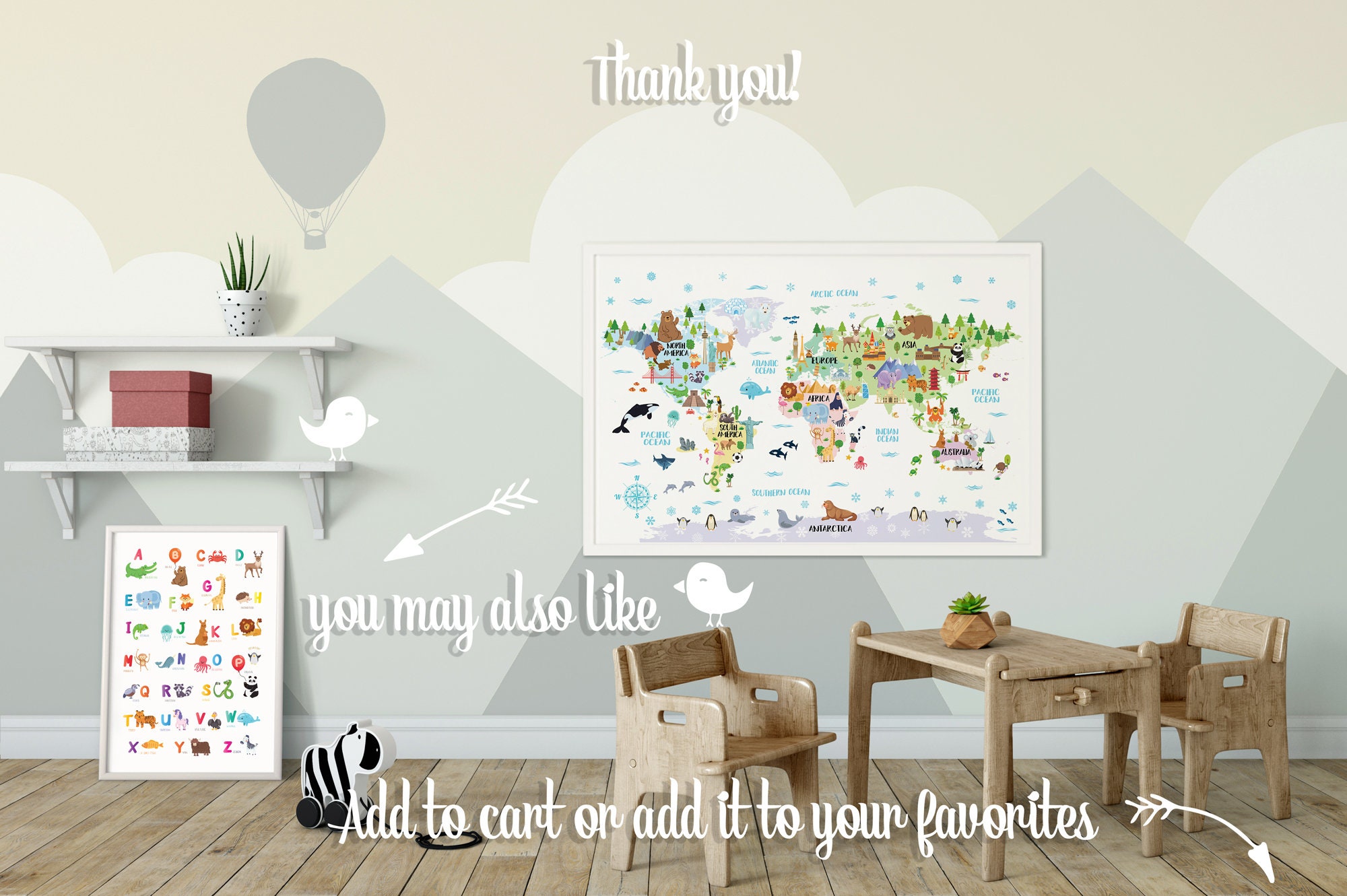 World Map Print Kids Poster World Map Landmarks Animal Nursery | Etsy