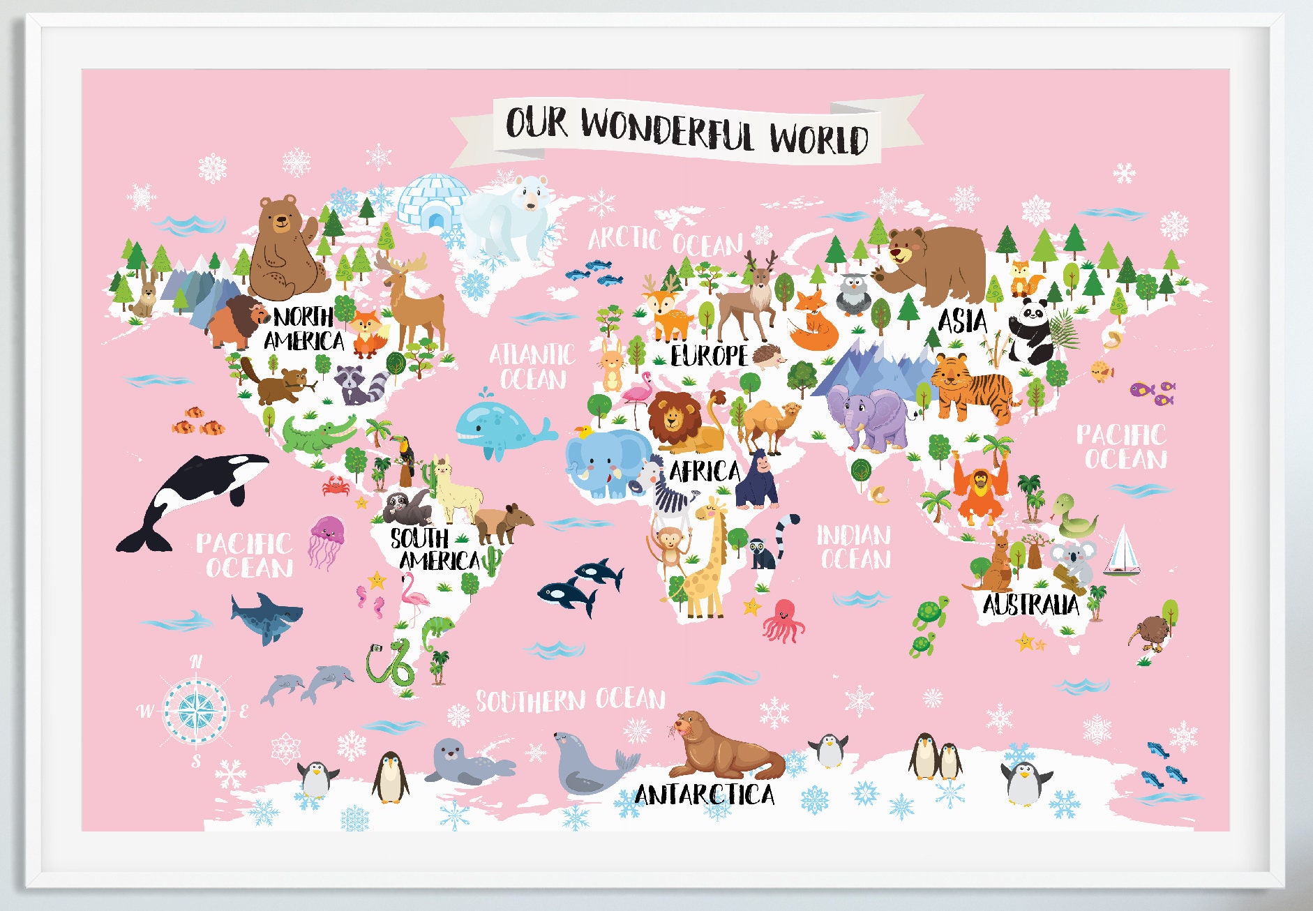 Kids World Map Poster – Girl Nursery Decor Playroom Wall Art Animal ...