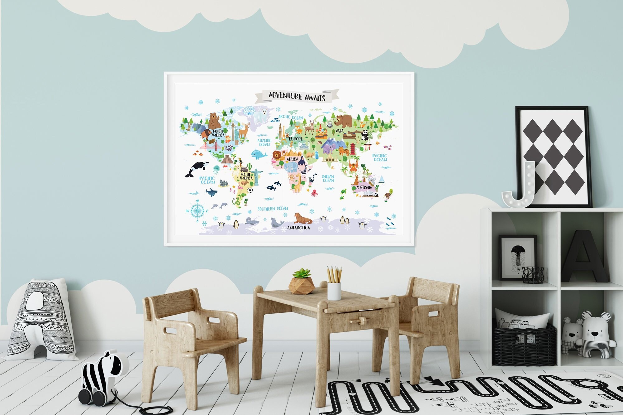 Adventure Awaits world map poster for Kids room decor Nursery | Etsy