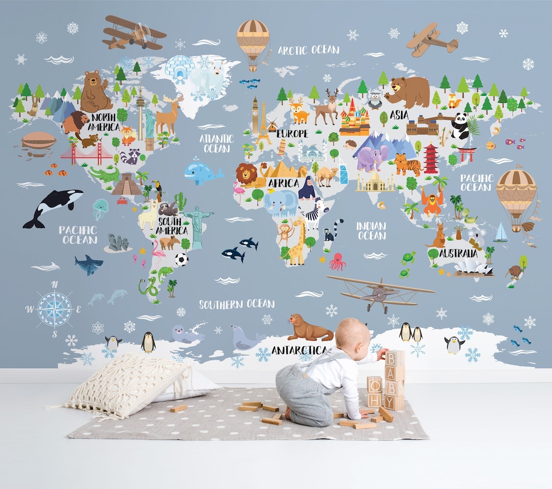 World Map Wallpaper Kids Room Decor Playroom Animal Map Wall Art Kid ...