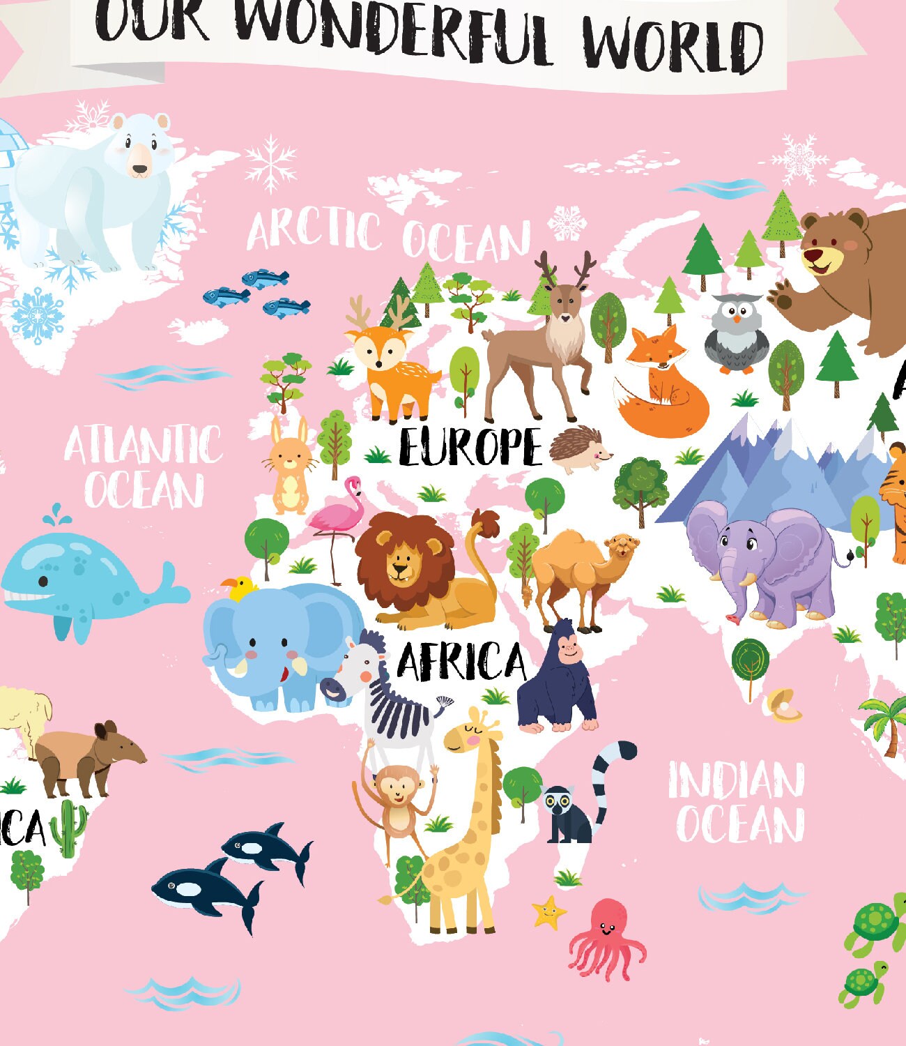 Kids World Map Poster Girl Nursery Decor Playroom Wall Art | Etsy