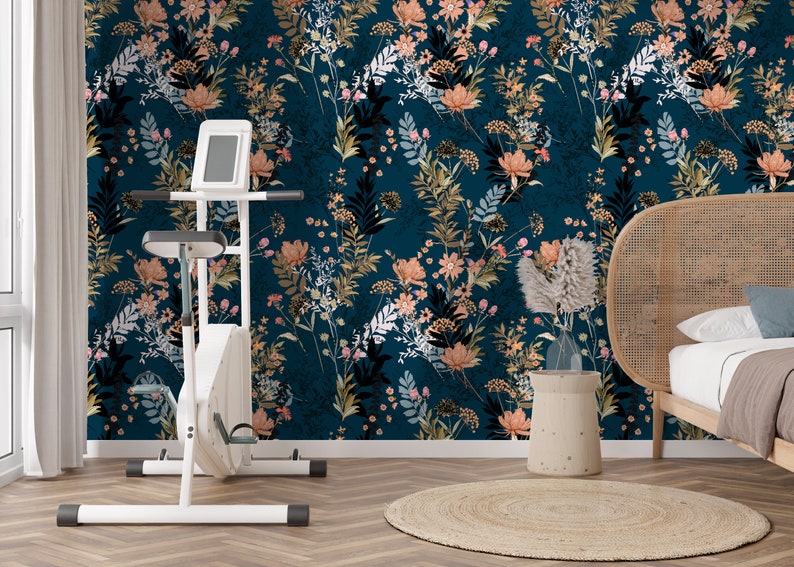 Dark Blue Floral Wallpaper Removable Peel and Stick Botanical - Etsy