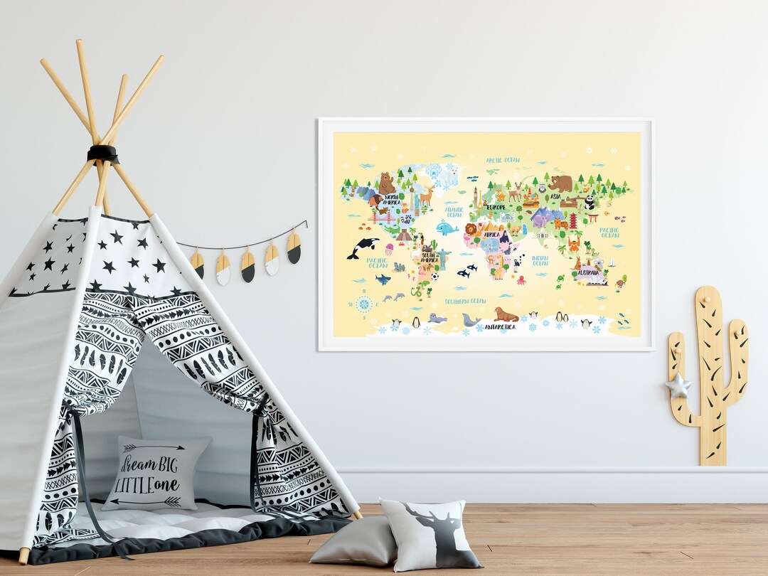Kids World Map Poster Travel Map for Kids Decor Animal World Map Print ...