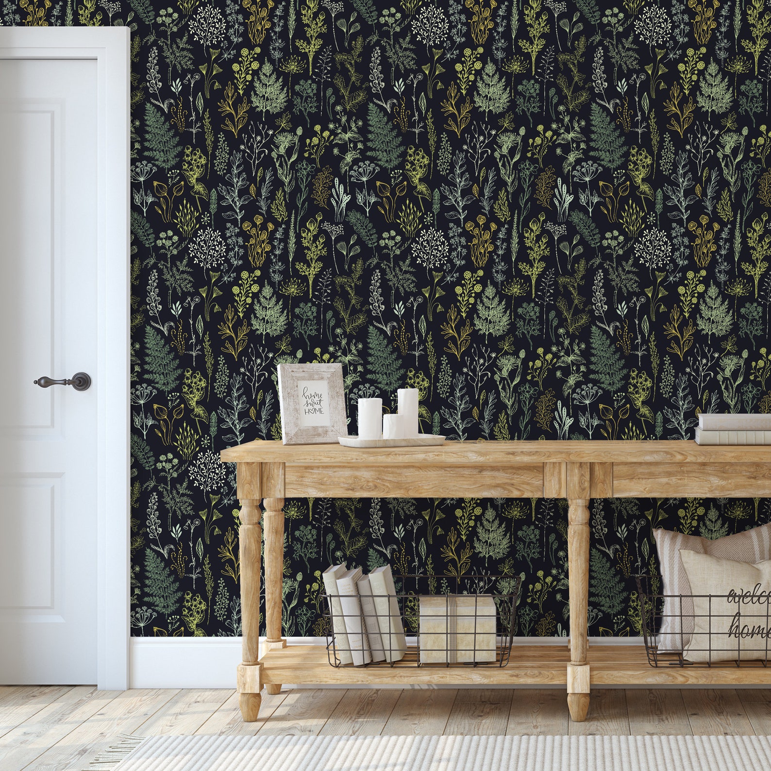 Herbs Dark Botanical Wallpaper Green Floral Wildflower Fern Leaves ...