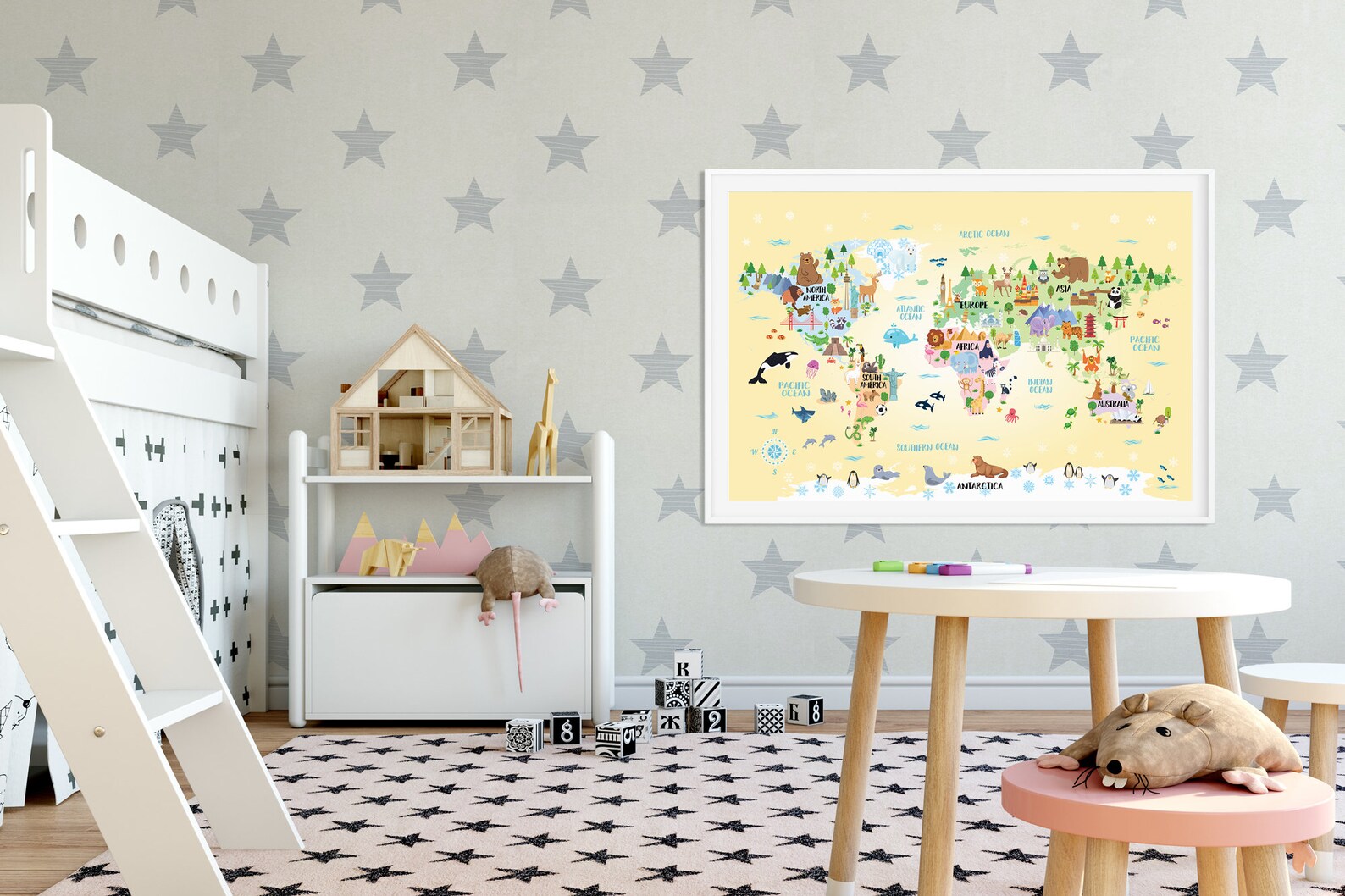 Kids World Map Poster Travel Map for Kids Decor Animal World - Etsy