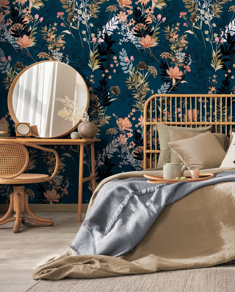 Dark Blue Floral Wallpaper Removable Peel and Stick Botanical - Etsy