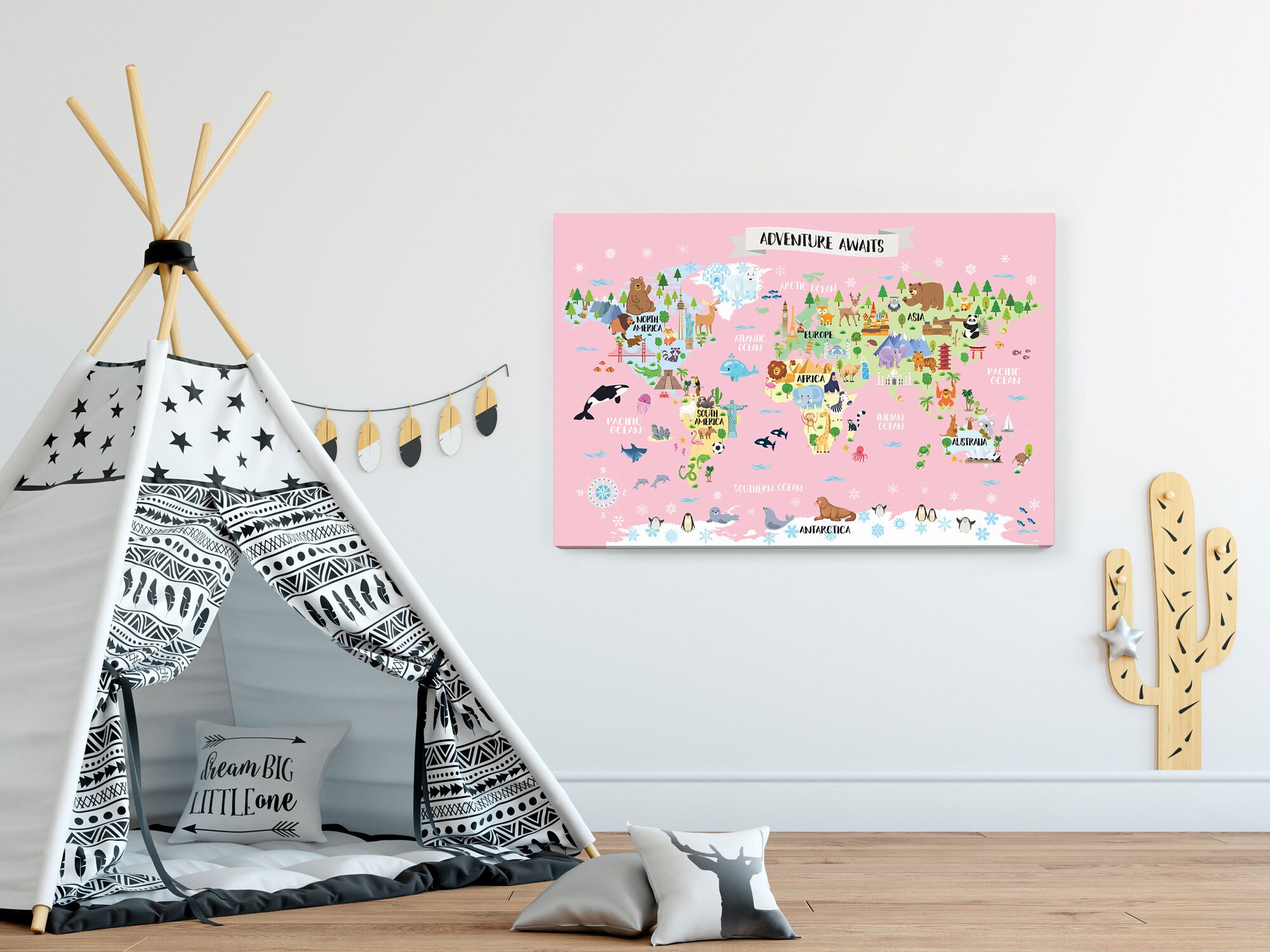 World map for kids Canvas art Girl nursery decor Adventure | Etsy