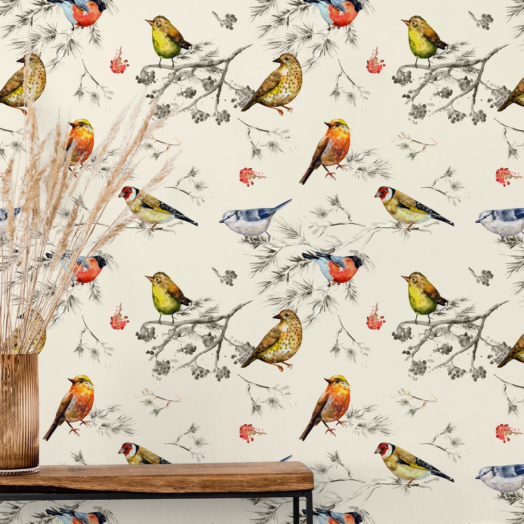 Birds Wallpaper Vintage Watercolor Wall Decor Peel and Stick and ...