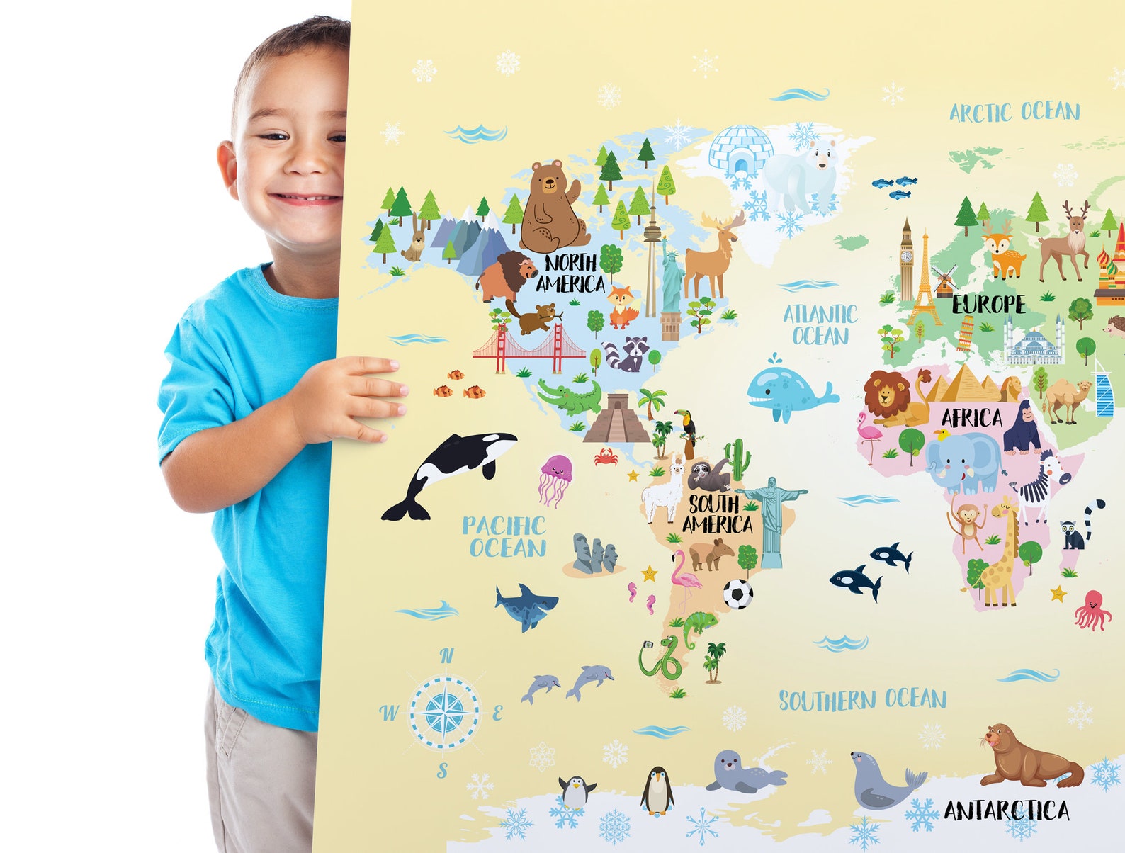 Kids World Map Poster Travel Map for Kids Decor Animal World - Etsy