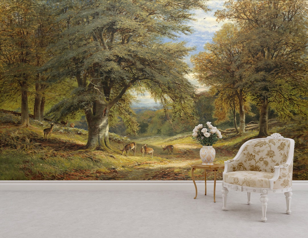 Vintage Landscape Wall Mural Enchanting Forest With Deers Peel and ...