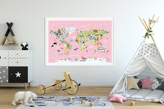 Kids World Map Poster Pink World Map Print Animal Nursery - Etsy