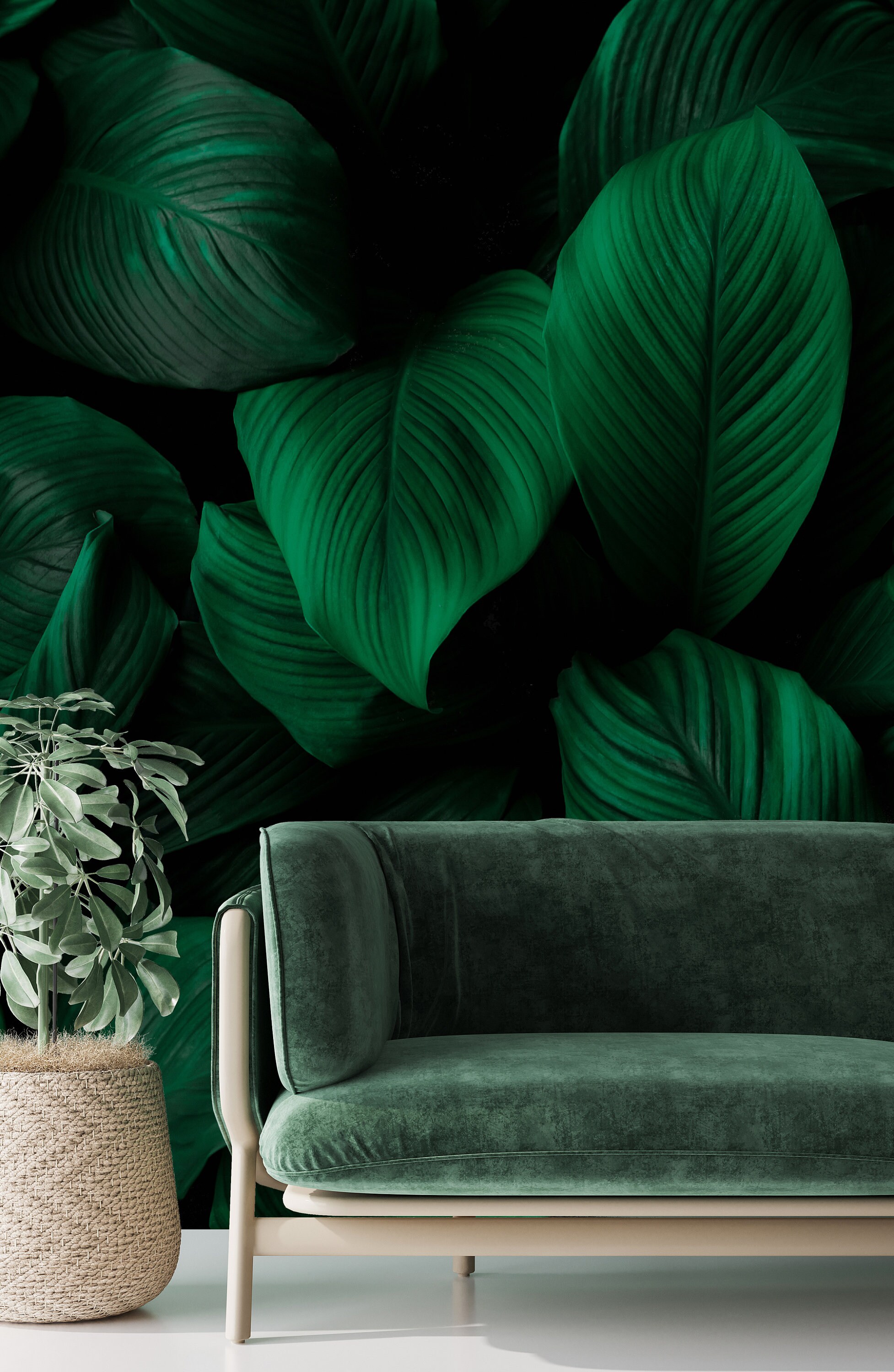 Dark Green Wallpaper Tropical Leaves Wall Mural - Peel and Stick ...
