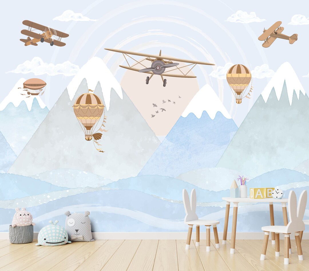 Airplane Wallpaper Boys Nursery Peel and Stick Sky Mountain Wall Mural ...