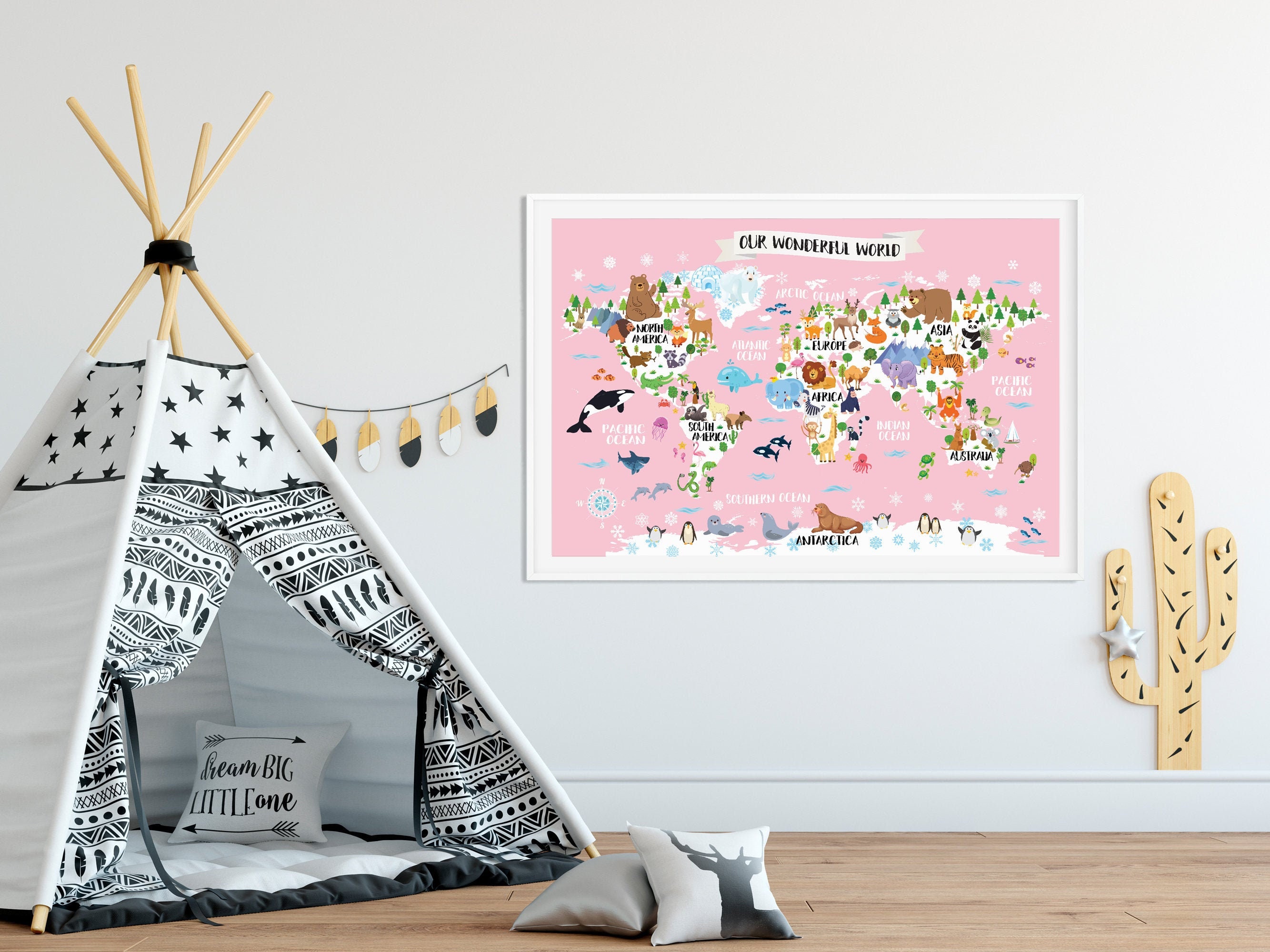 Kids World Map Poster Girl Nursery Decor Playroom Wall Art | Etsy