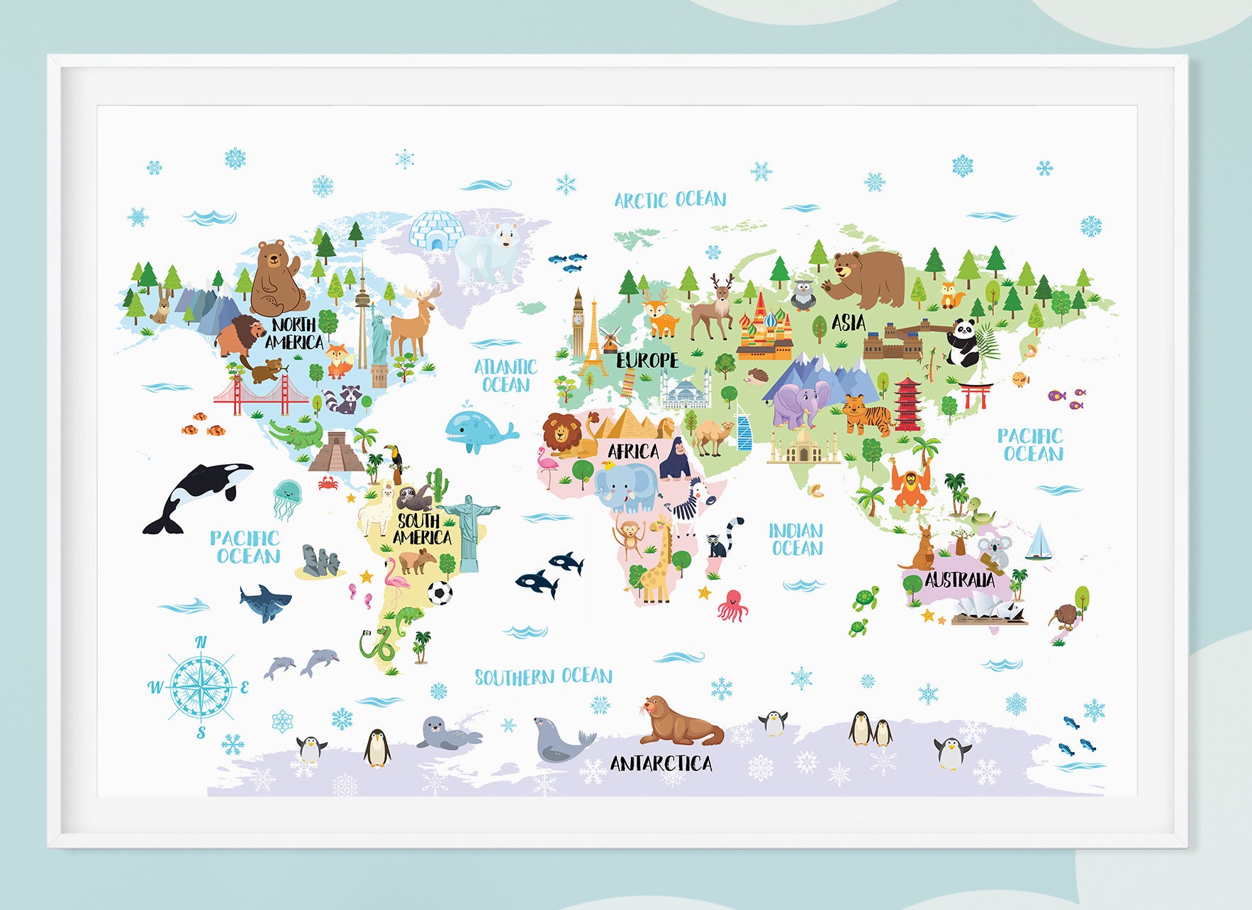 World Map Print Kids Poster World Map Landmarks Animal Nursery - Etsy ...