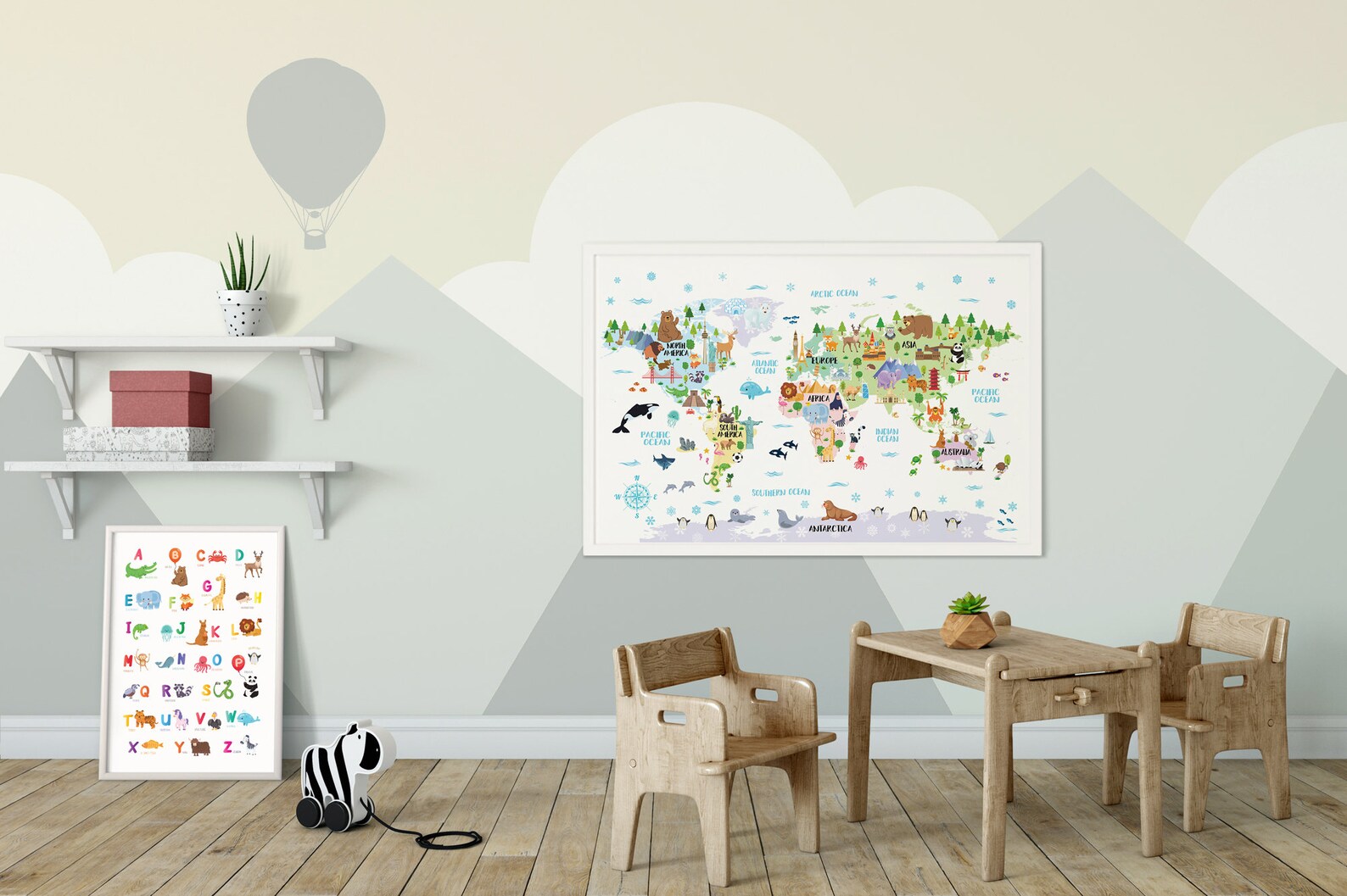 World Map Print Kids Poster World Map Landmarks Animal Nursery | Etsy