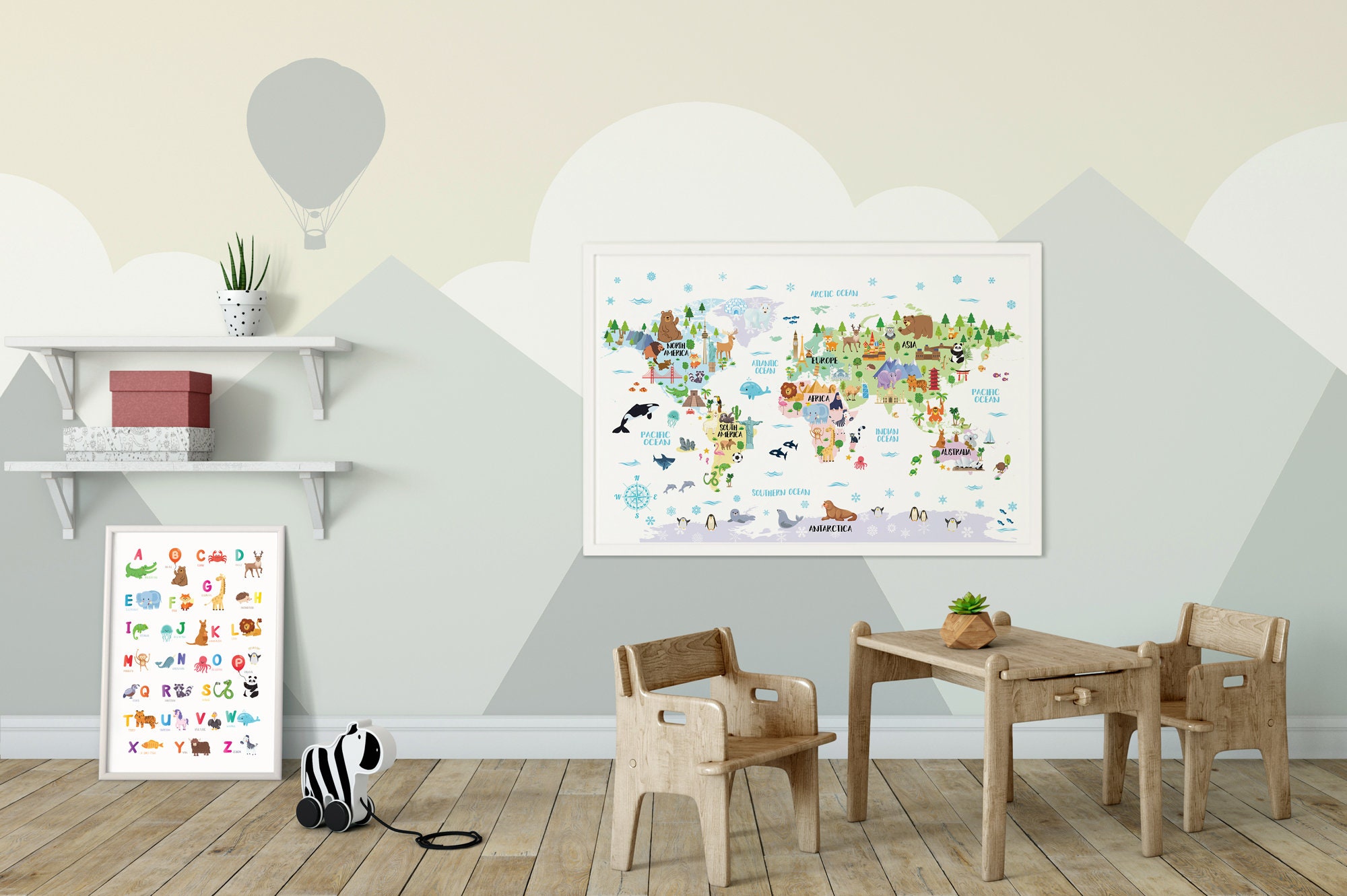 World Map Print Kids Poster World Map Landmarks Animal Nursery - Etsy ...