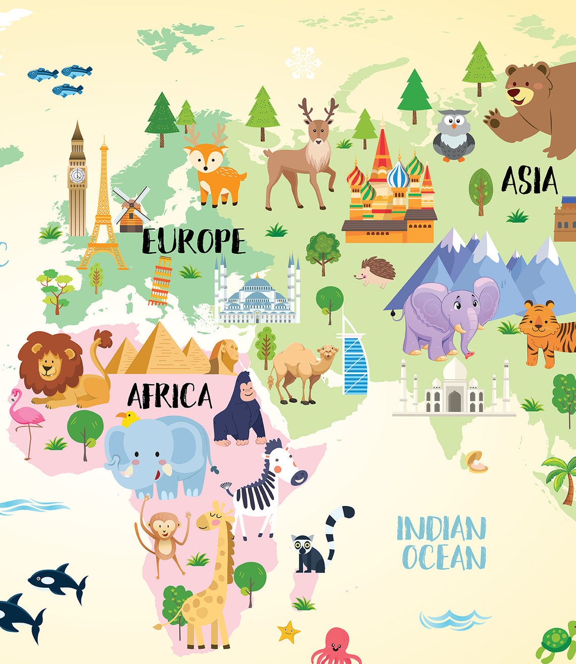 Kids World Map Poster Travel Map for Kids Decor Animal World - Etsy