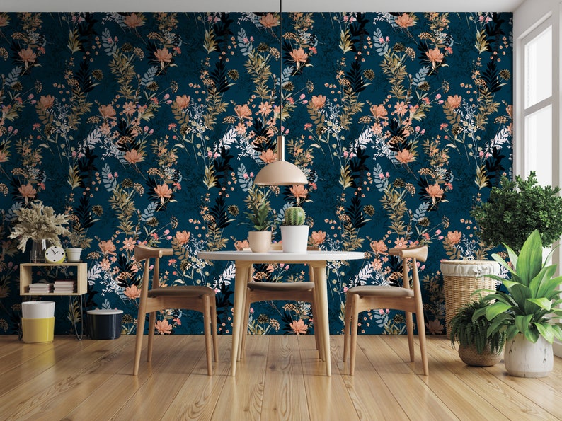 Dark Blue Floral Wallpaper Removable Peel and Stick Botanical - Etsy