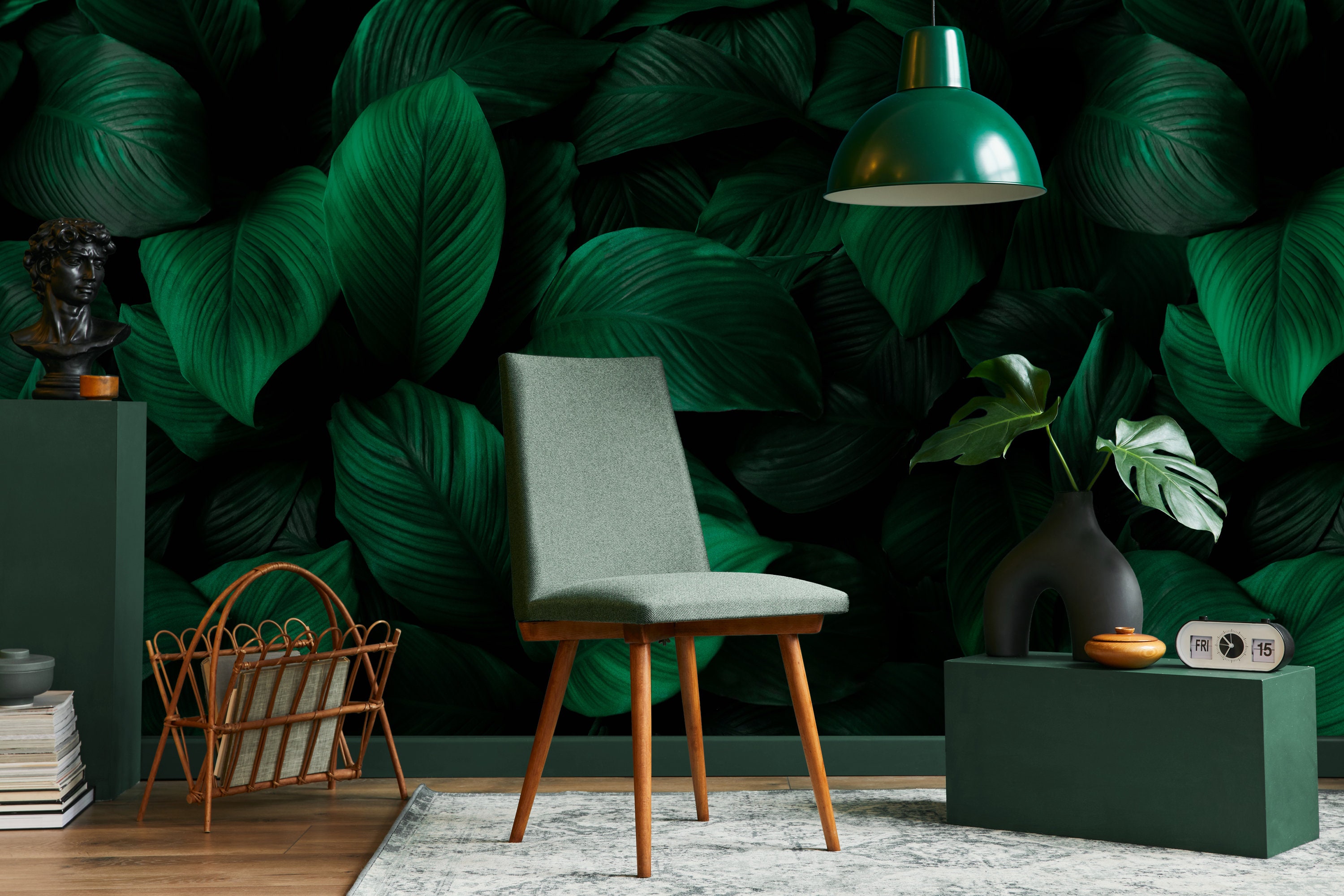 Dark Green Wallpaper Tropical Leaves Wall Mural Peel and | Etsy