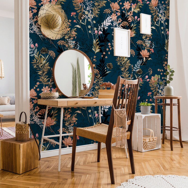 Dark Blue Floral Wallpaper Removable Peel and Stick Botanical - Etsy
