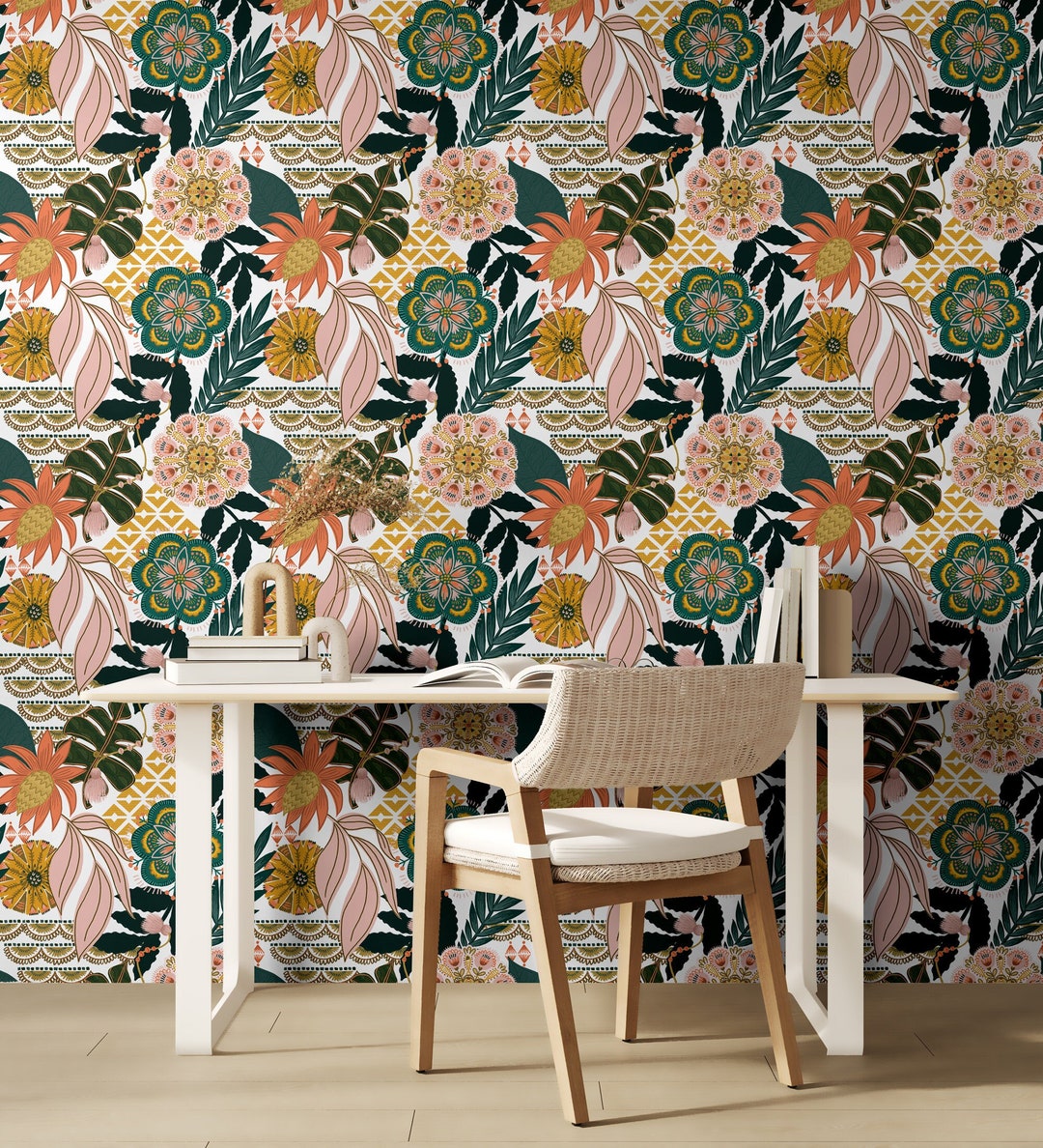 Boho Floral Wallpaper Removable Tropical Bohemian Abstract Wall Mural ...