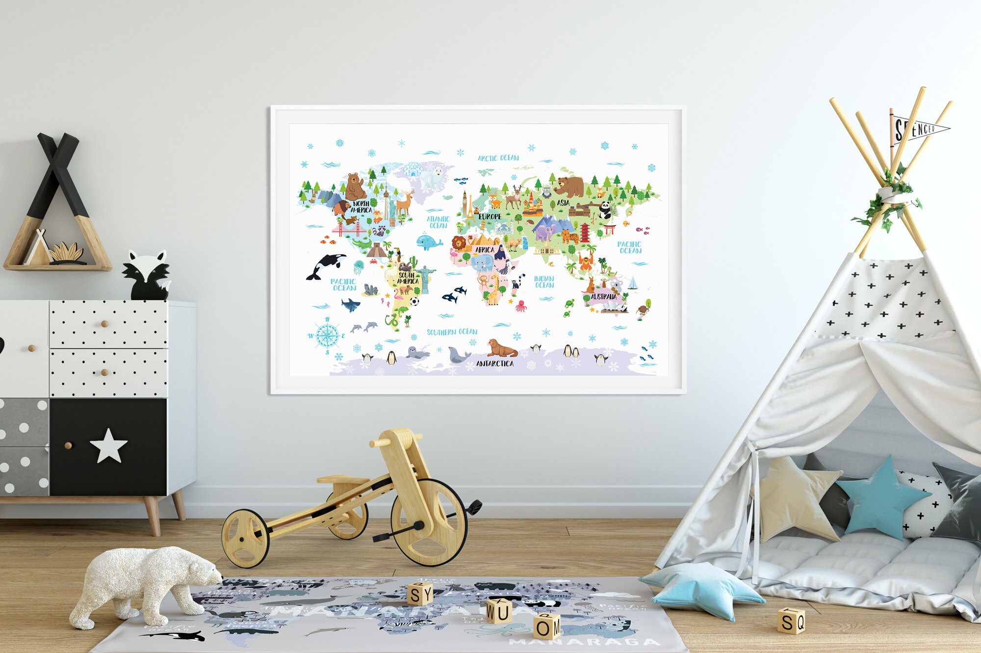 World Map Print Kids Poster World Map Landmarks Animal Nursery | Etsy