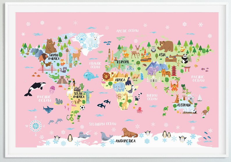 Kids World Map Poster Pink World Map Print Animal Nursery - Etsy