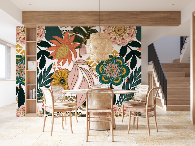 Boho Floral Mural Removable Tropical Bohemian Abstract - Etsy