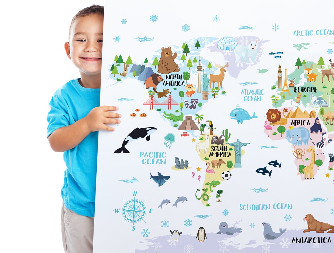 World Map Print Kids Poster World Map Landmarks Animal Nursery | Etsy ...