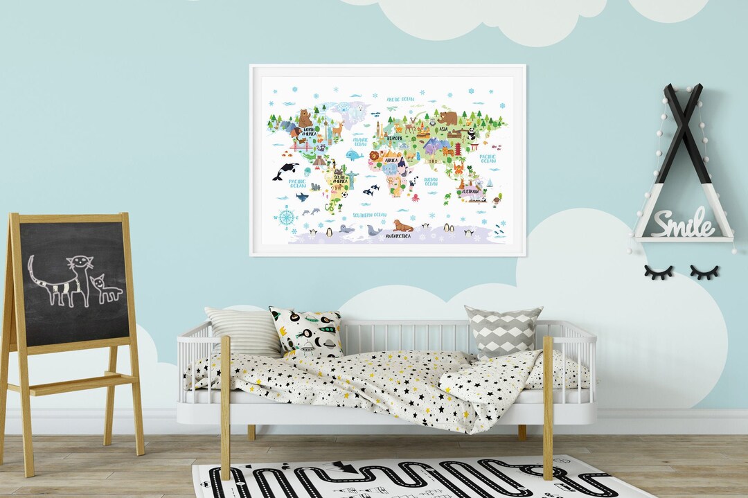 World Map Print Kids Poster World Map Landmarks Animal Nursery Print ...