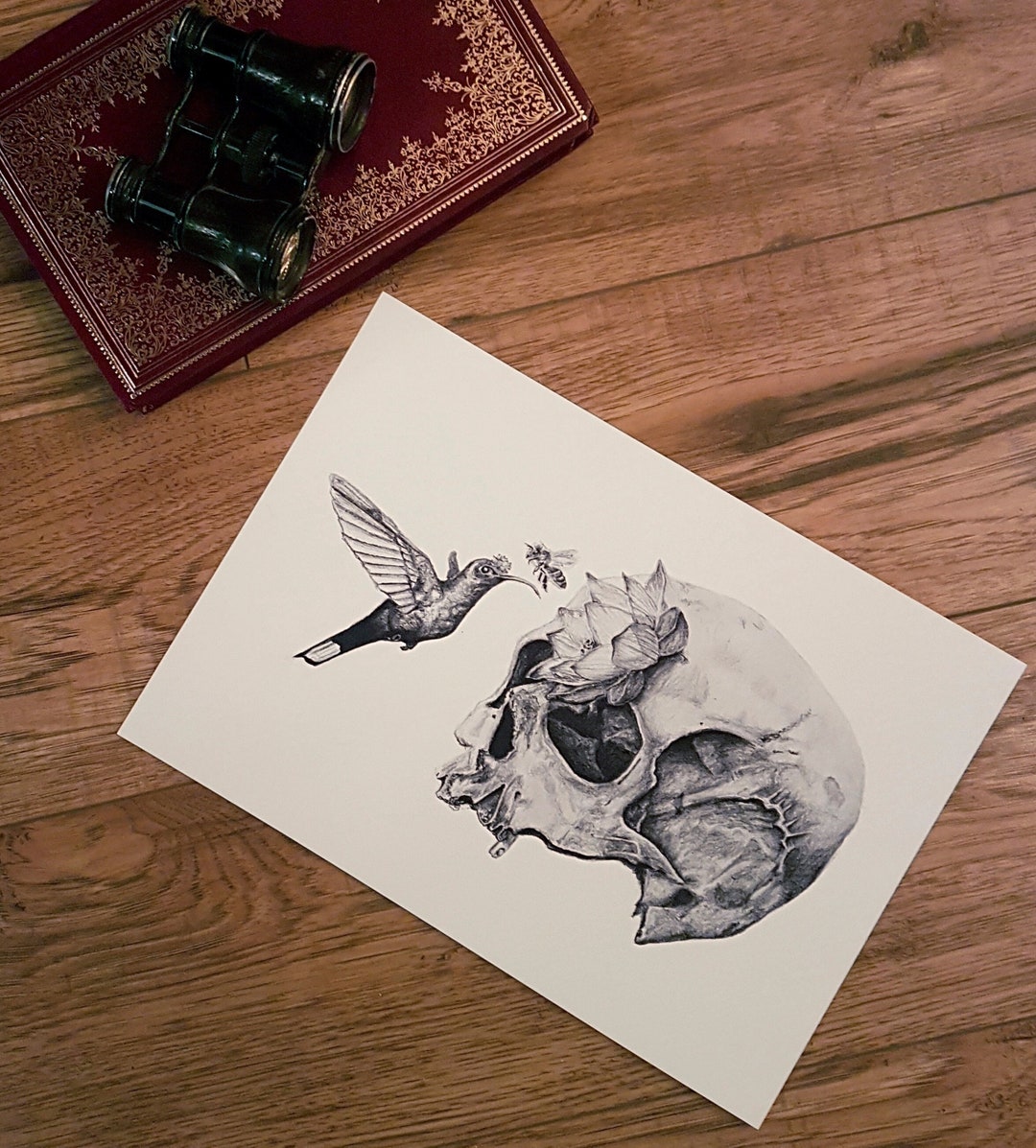 Rebirth, Pencil Drawing, of a Skull, Lotus Flowers and Bees (print), A5 ...