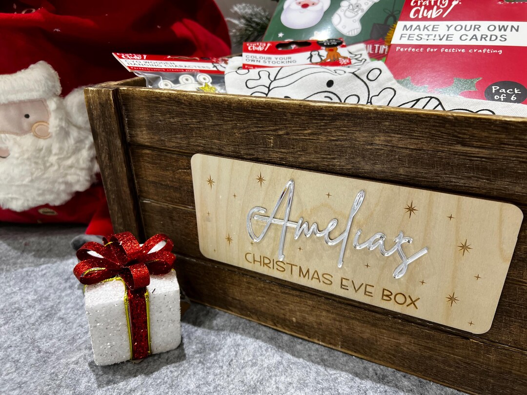 Personalised Wooden Christmas Eve Box Sign: Acrylic Name, Plywood Decor ...